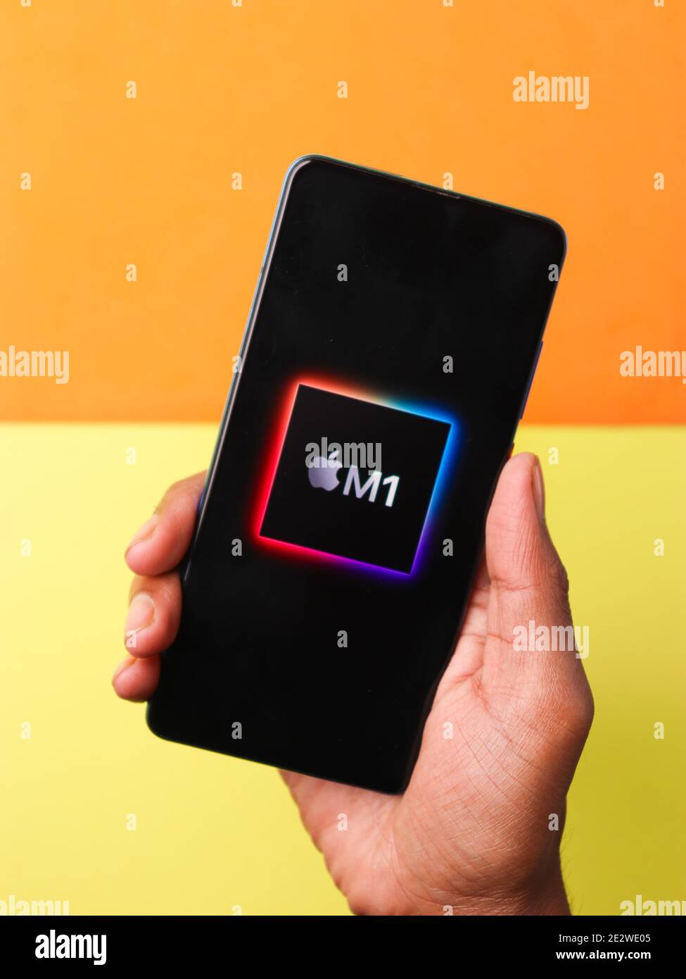 Assam, india - December 20, 2020 : Apple M1 logo on phone screen stock ...