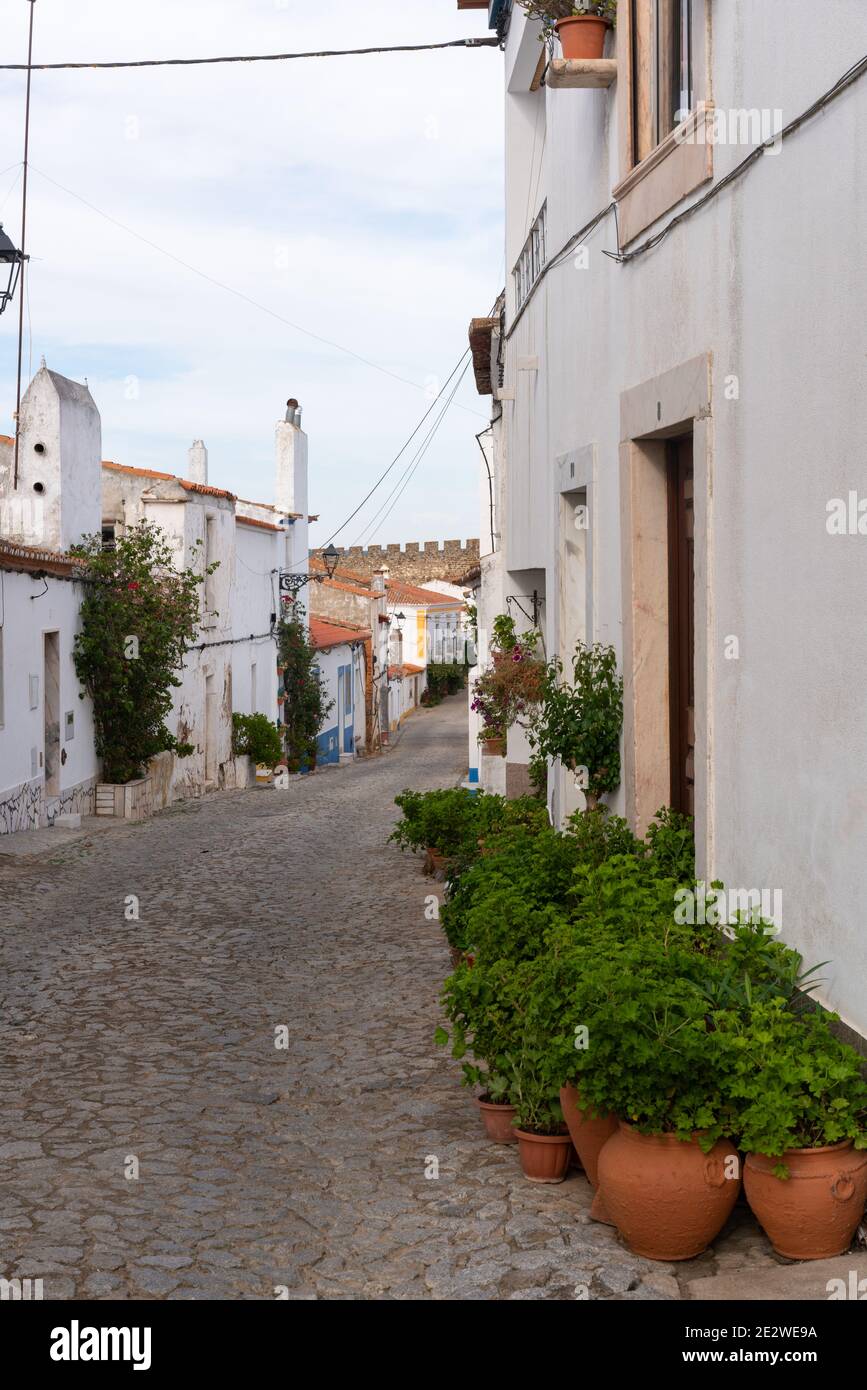 Traditional houses and castle on the Alentejo village of Terena, in ...