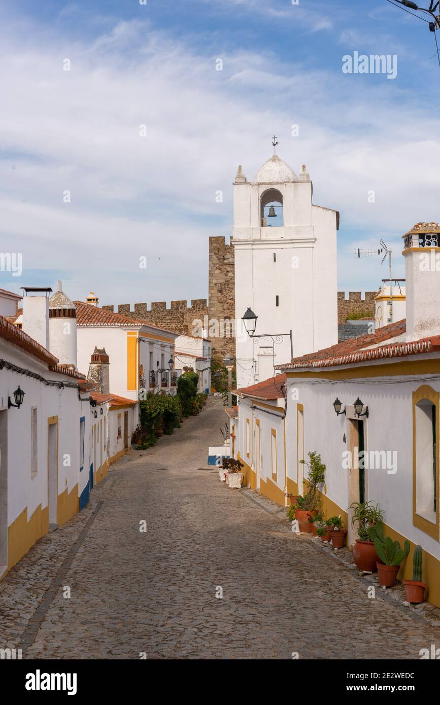 Traditional houses and castle on the Alentejo village of Terena, in ...