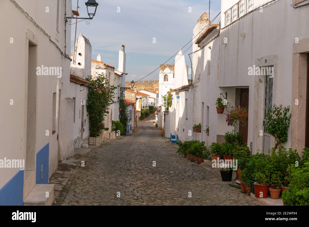 Traditional houses and castle on the Alentejo village of Terena, in ...