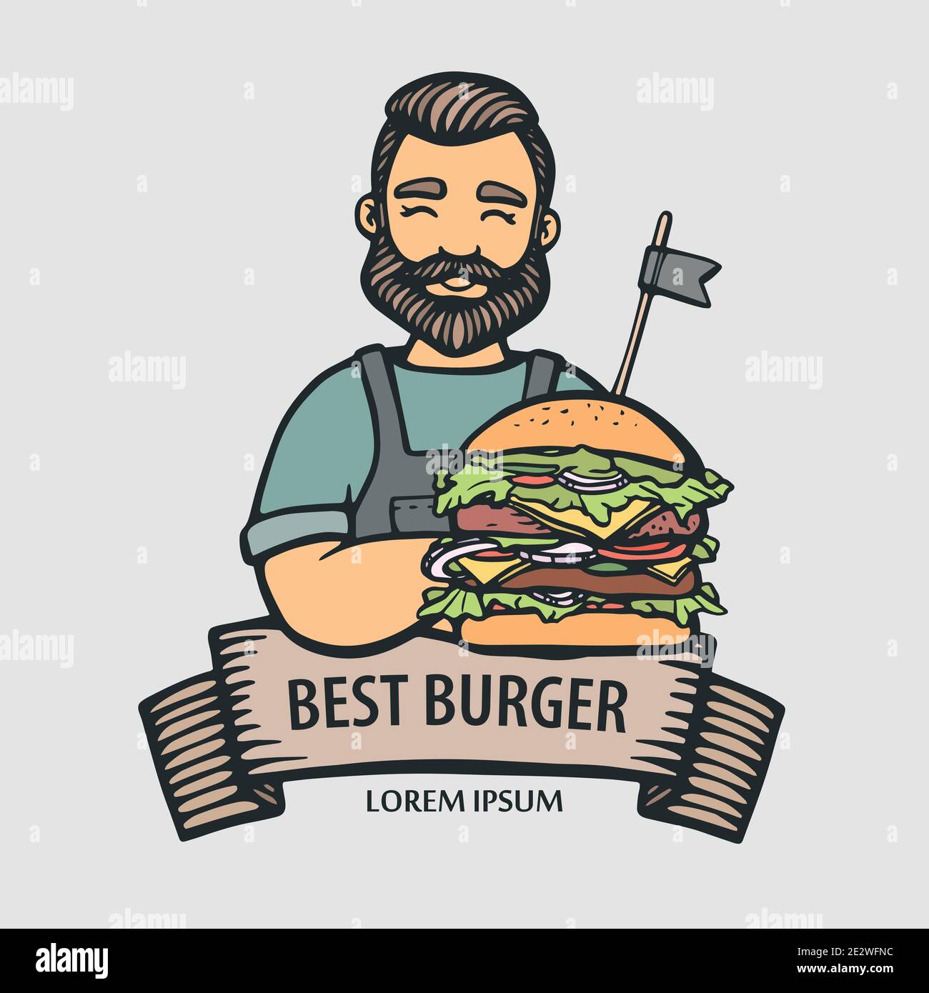 Burger logo. Hand-drawn hipster chef with big burger with ribbon. Man ...