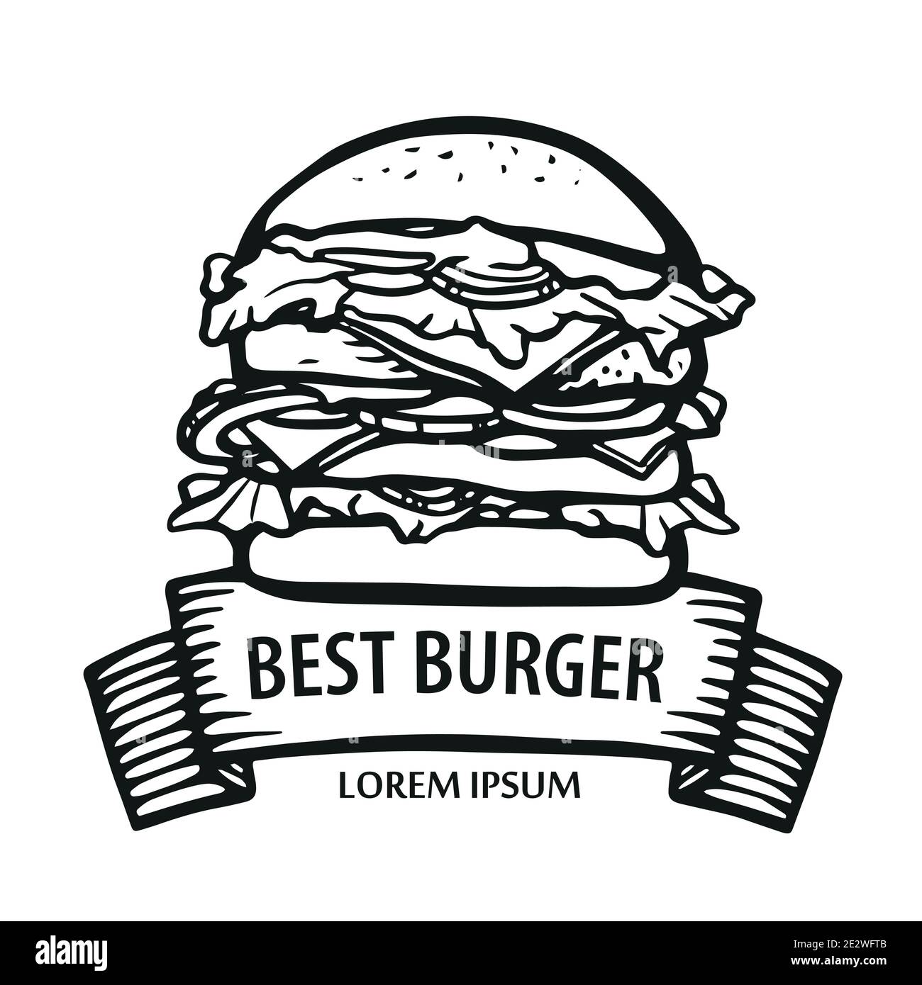 Big burger logo with ribbon. Hand-drawn burger hot dish. delicious ...