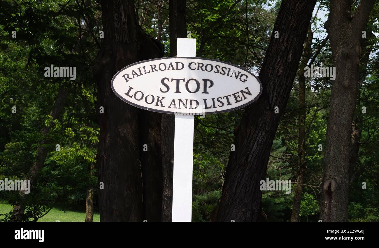 A Rail Road Stop Sign of Stop Look and Listen Stock Photo - Alamy