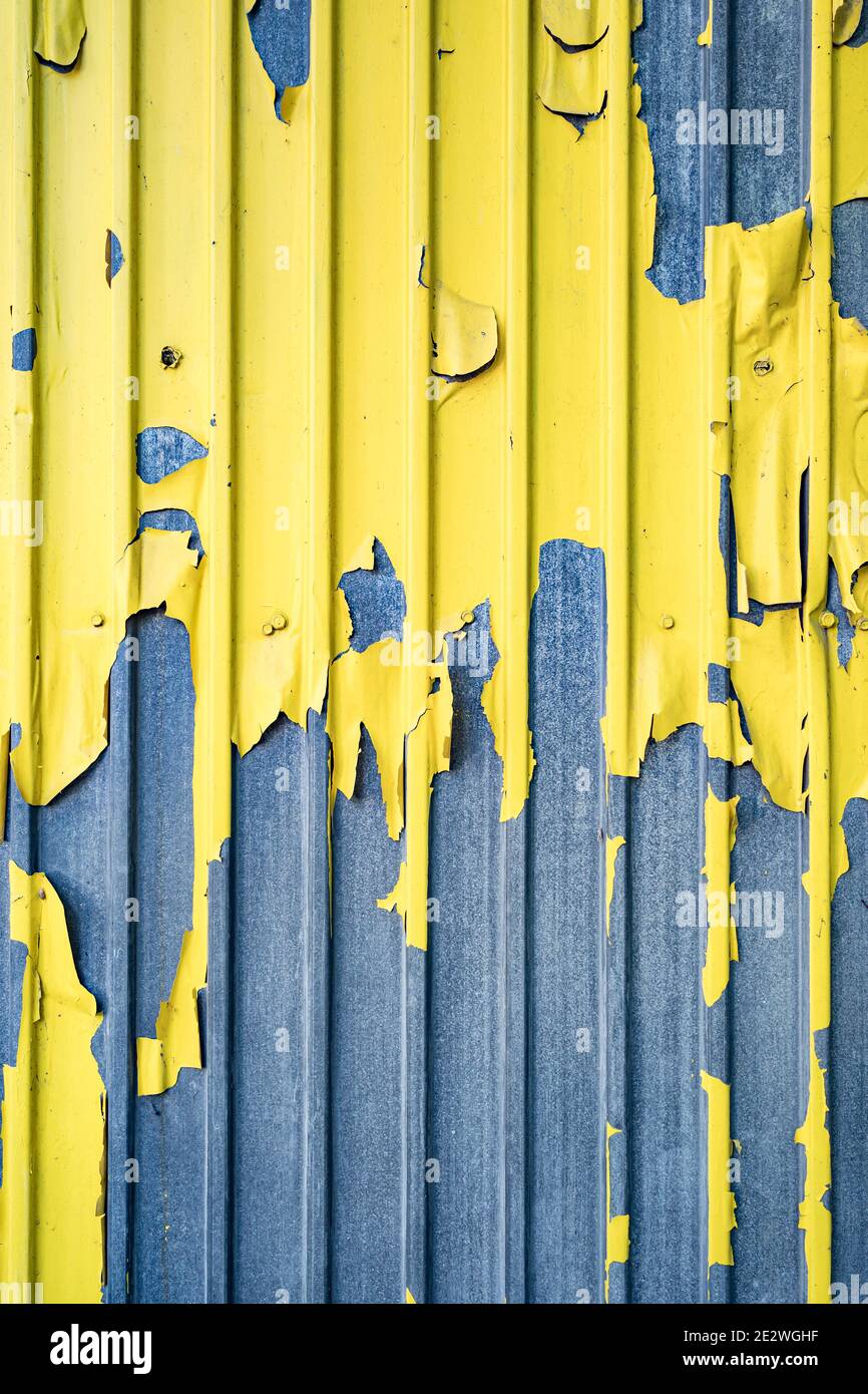 Yellow peeled iron tin fence lined background. Metal texture Stock ...