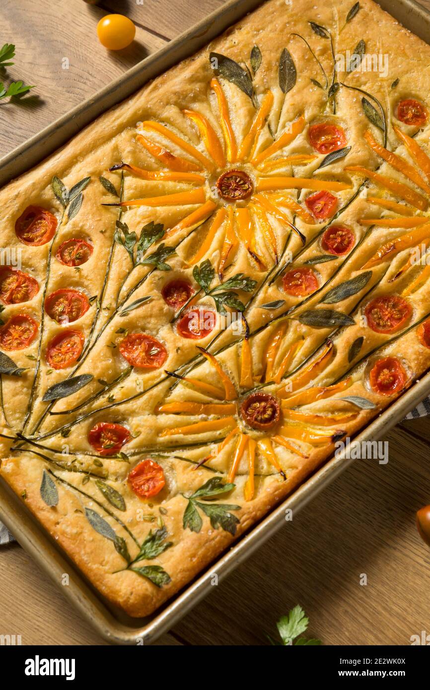 Homemade Flower Focaccia Bread Art with Herbs and Vegetables Stock ...