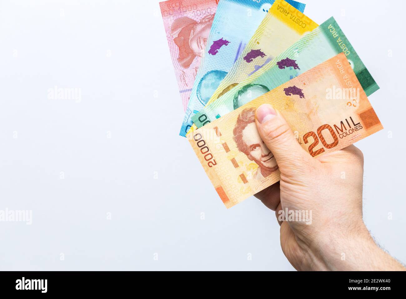 Costa Rican money, Colones, All banknotes fanned and held in a male ...