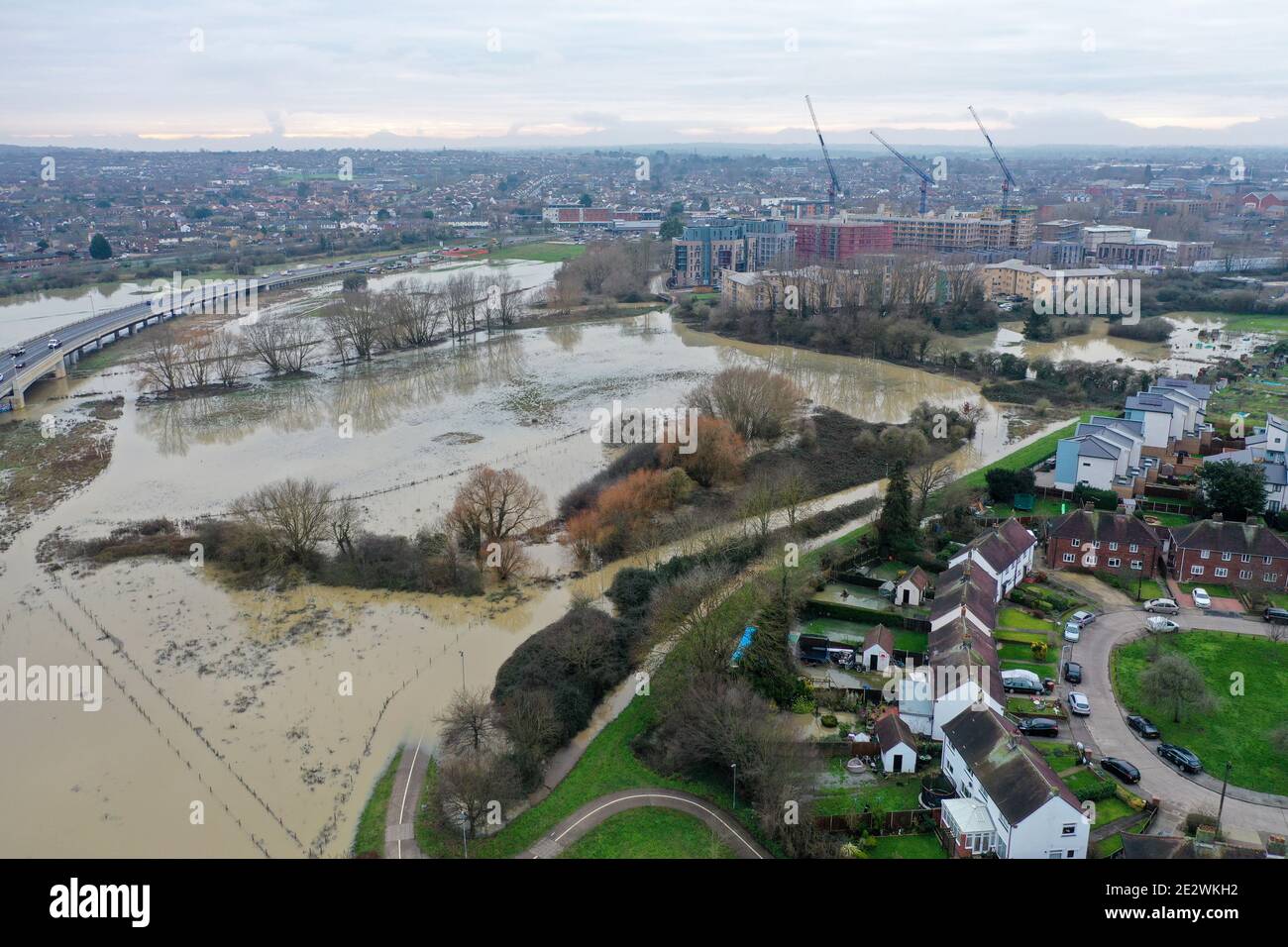 Essex, UK. 15th January 2021. Flooding in Chelmsford, Essex, after the ...