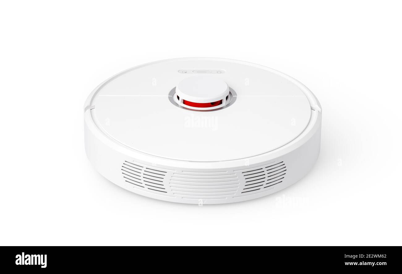 White robotic vacuum cleaner isolated on white Stock Photo - Alamy