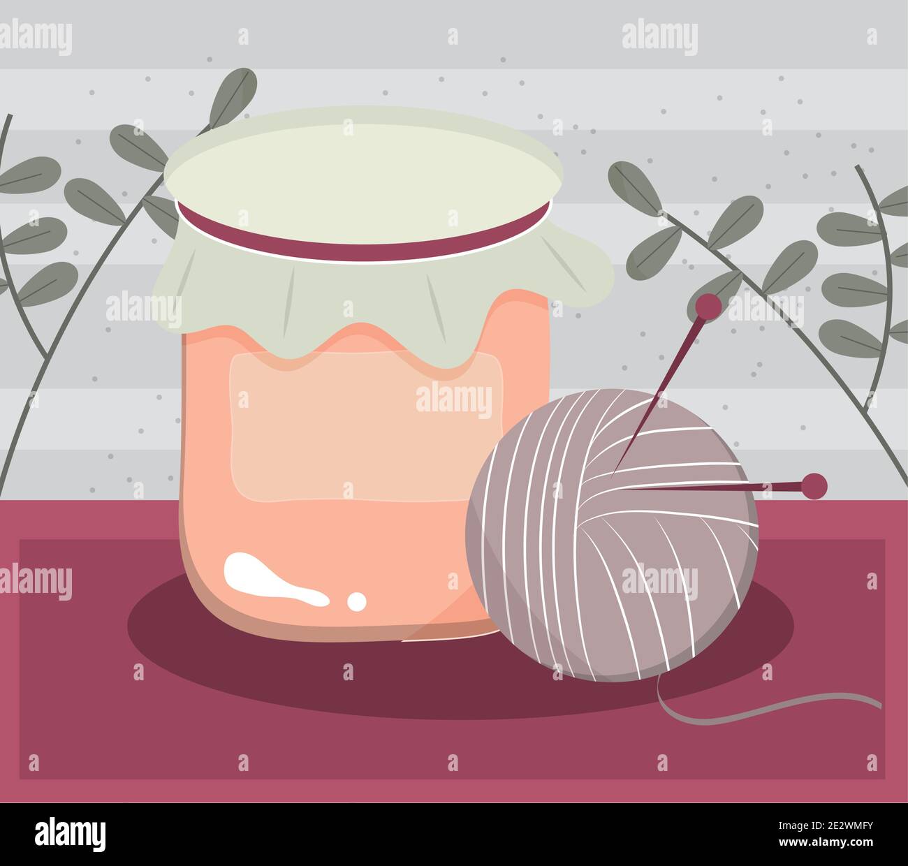 knitting wool and needles and jar jam hygge cartoon style vector ...