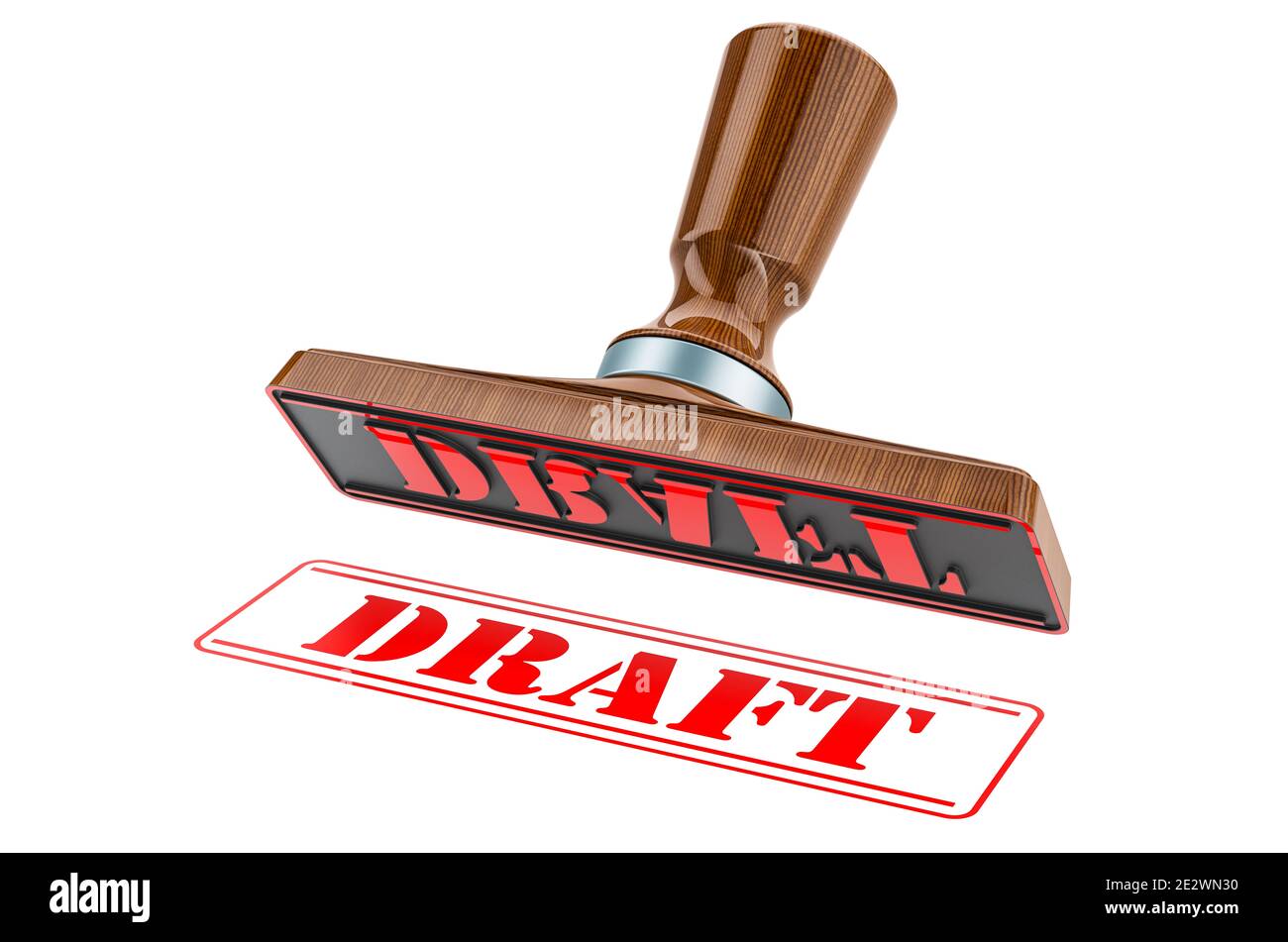 Draft stamp. Wooden stamper, seal with text draft, 3D rendering ...
