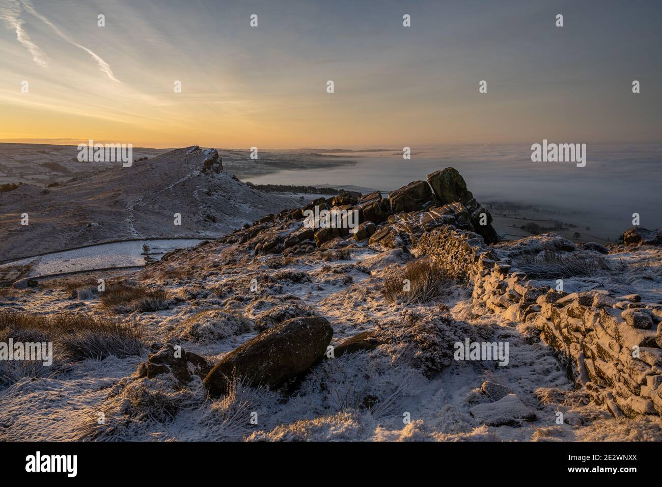 Temperature inversion at The Roaches at sunrise during winter in the ...