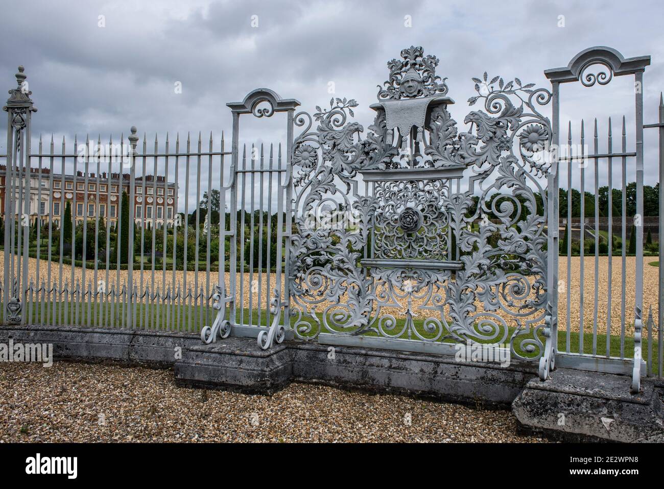 Ornate fence along river side of Hapton Court rear gardens Stock Photo ...