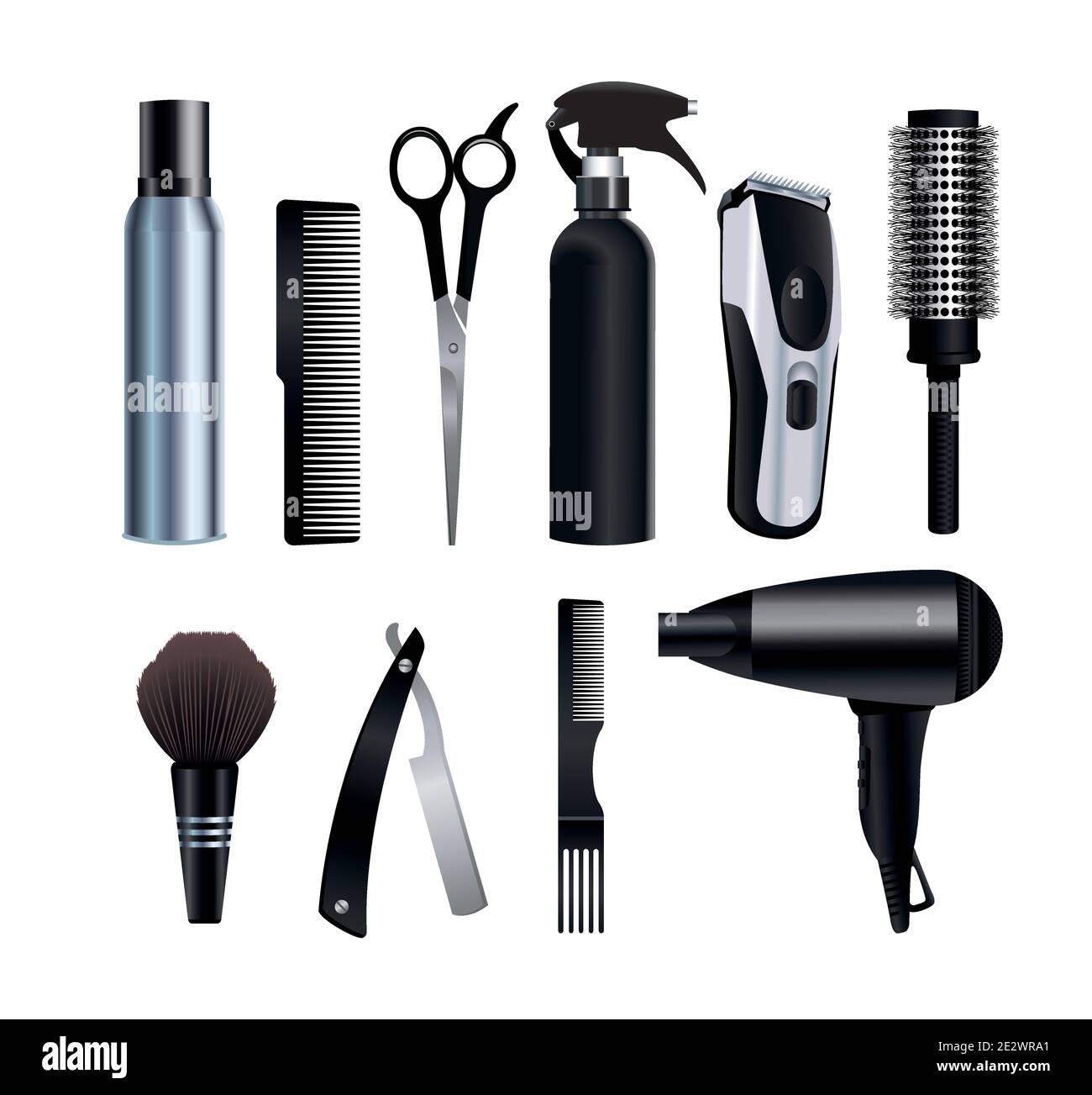 hairdressing tools equipment icons in white background vector ...