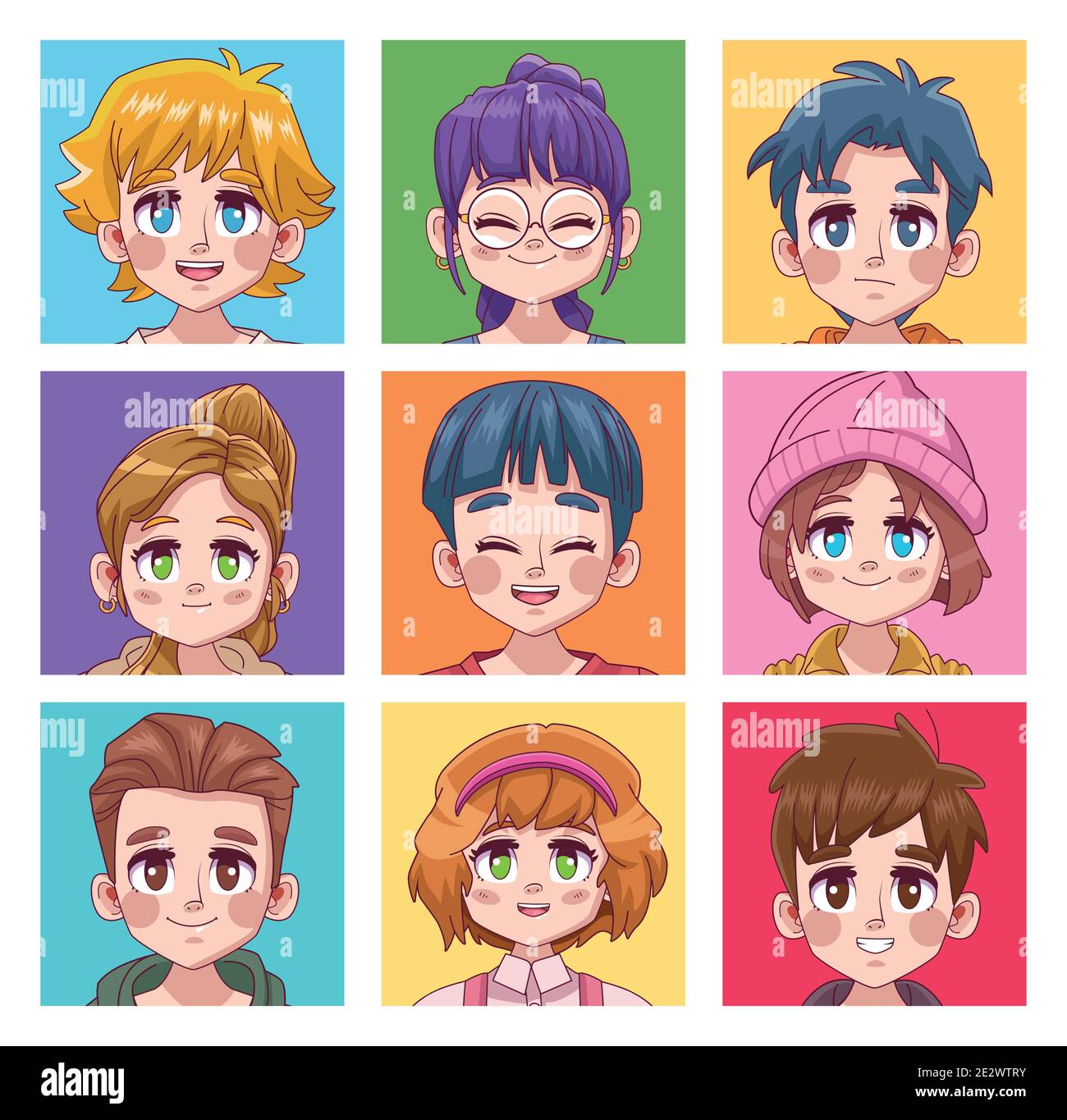 nine cute youngs teenagers manga anime characters vector illustration ...