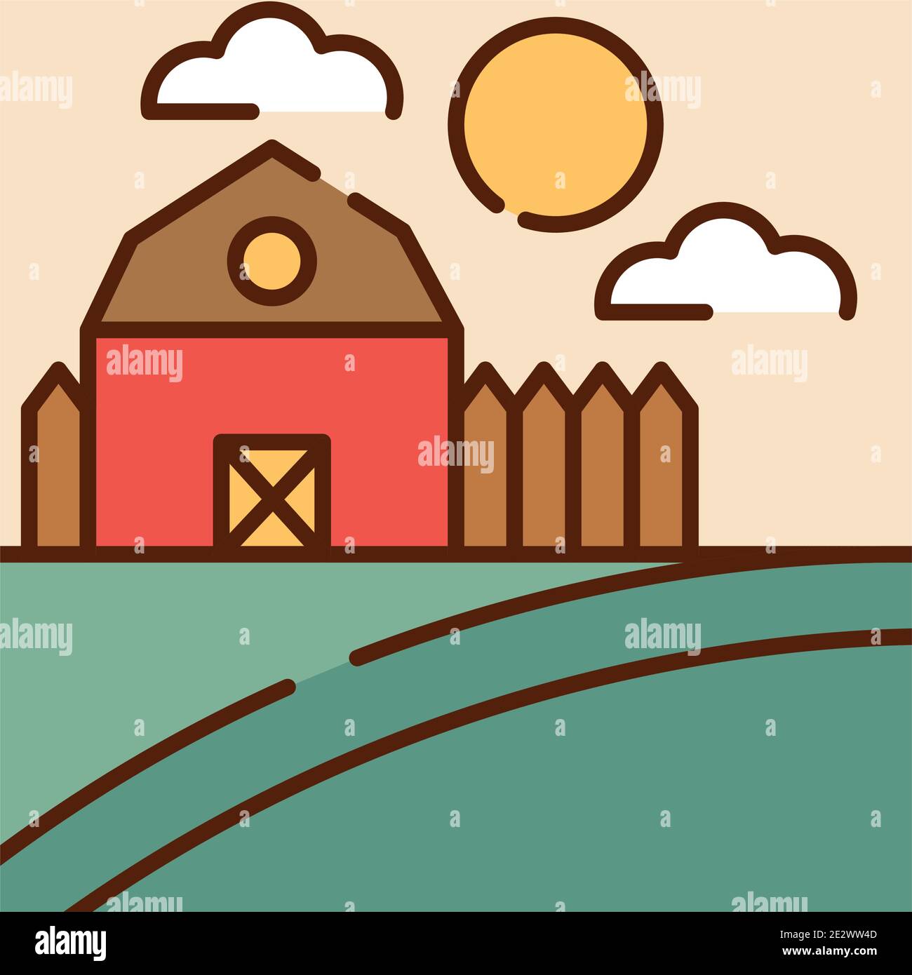 landscape farm barn field sky nature cartoon, vector illustration ...