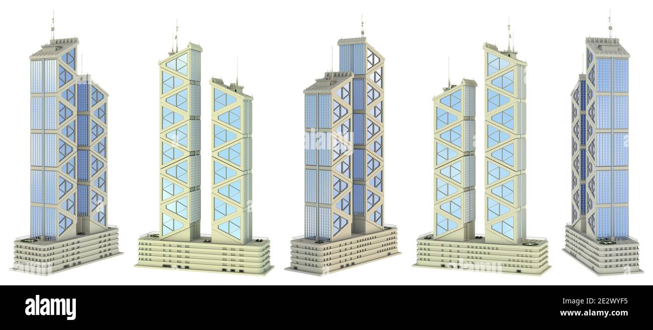 Set of 5 renders of fictional design futuristic tall buildings of two ...