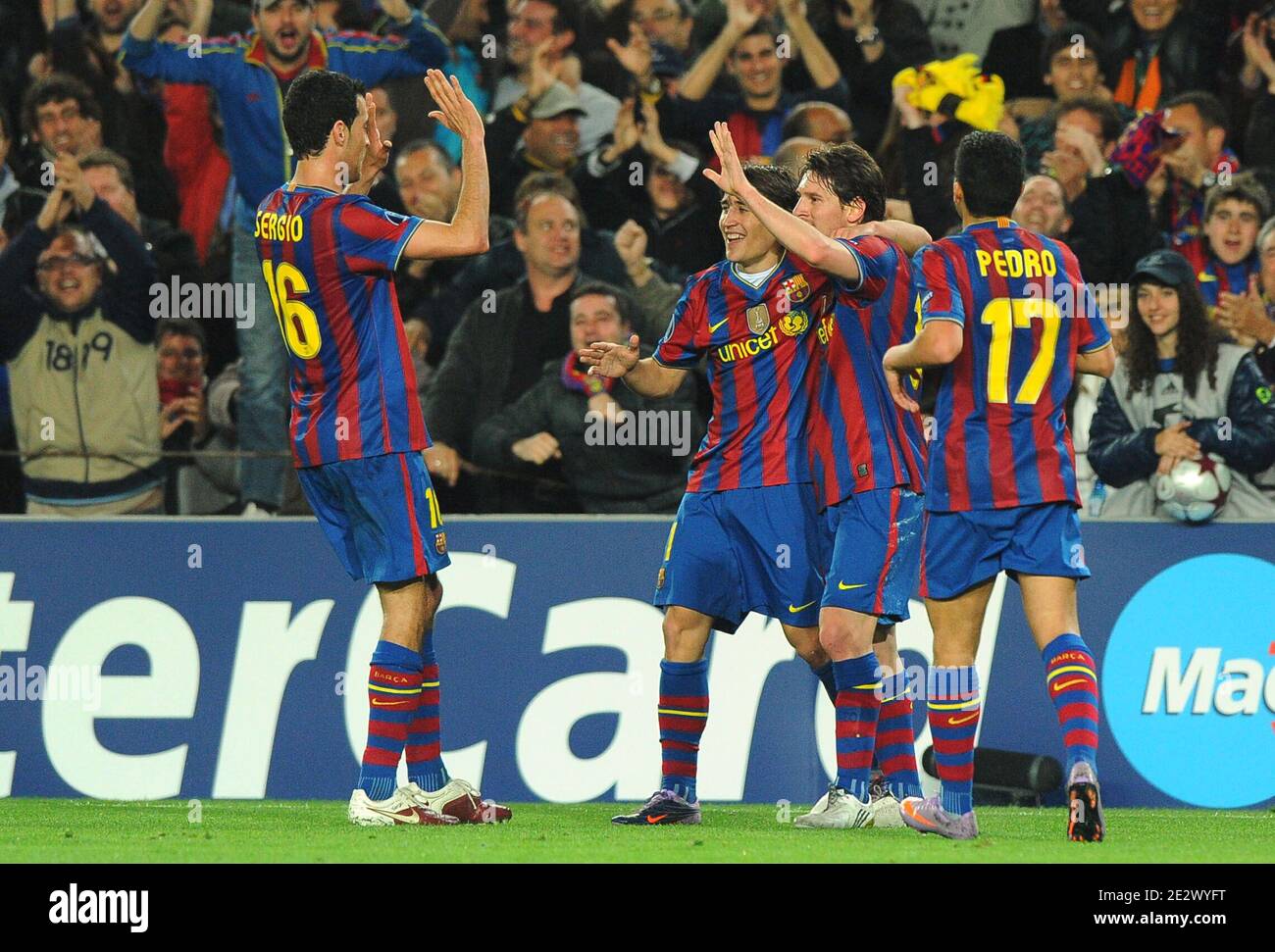 Barcelona's Lionel Messi celebrates after scoring with his team-mates ...