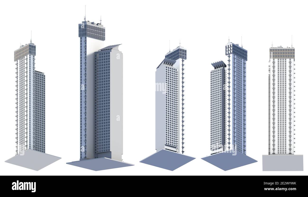 Set of 5 renders of fictional design high tech skyscrapers living ...
