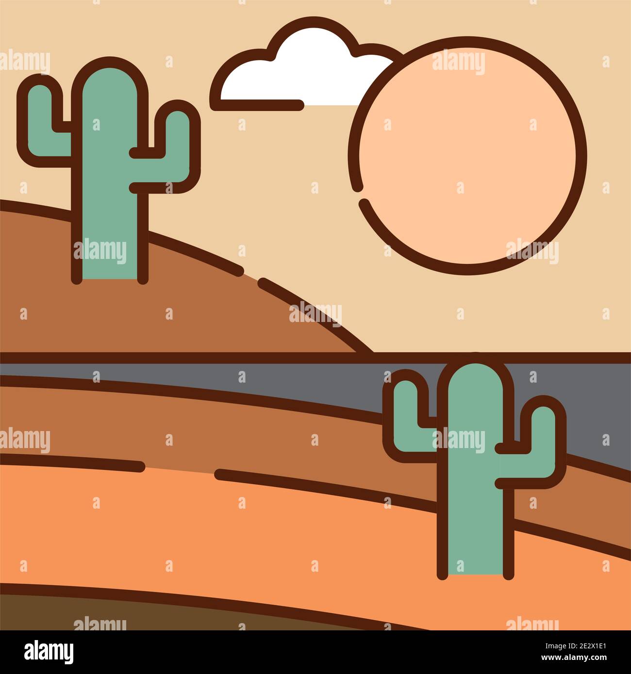 landscape desert arid cactus sand sun nature cartoon, vector ...