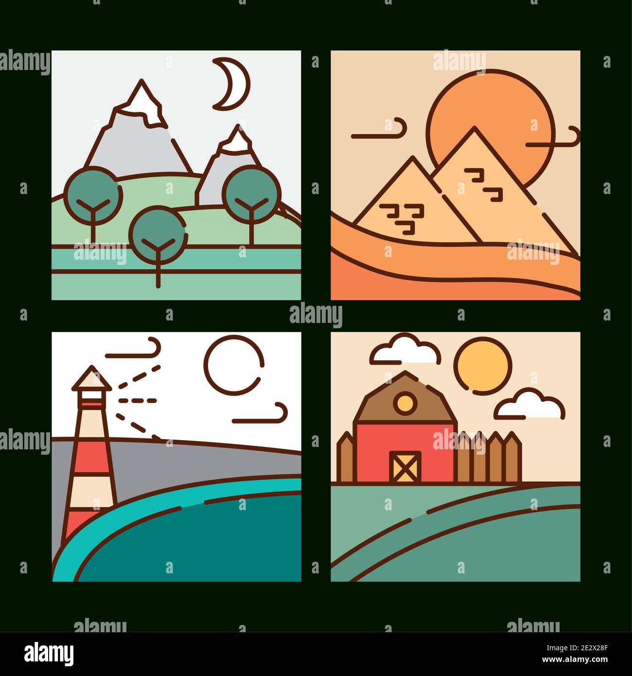 landscapes different scenery nature cartoon, filled line flat colors ...