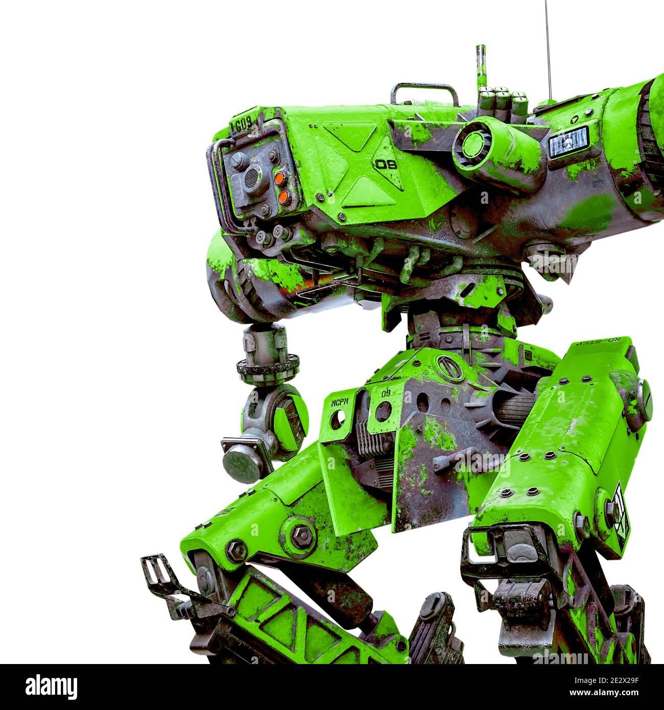 yellow combat mech in a white background side view close up, 3d ...