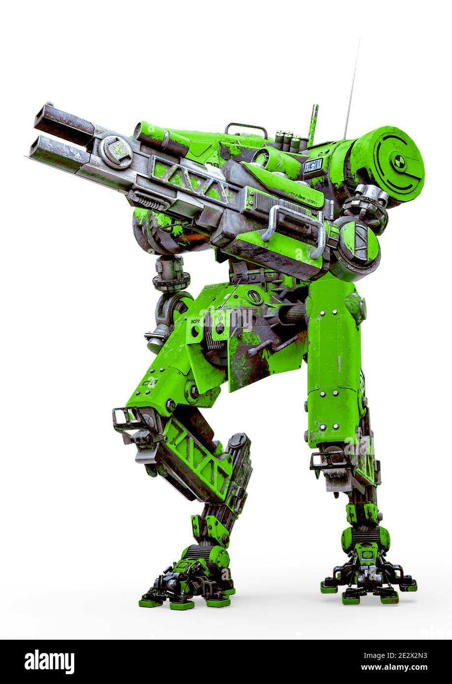 yellow combat mech load a gun in a white background, 3d illustration ...