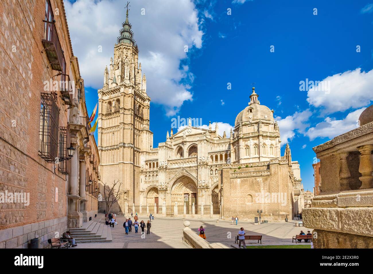 Town square and the landmark, medieval Toledo Cathedral in Toledo ...