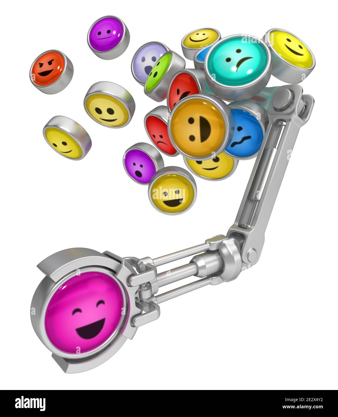 Emotion buttons metal robotic arm grabbing 3d illustration, isolated ...