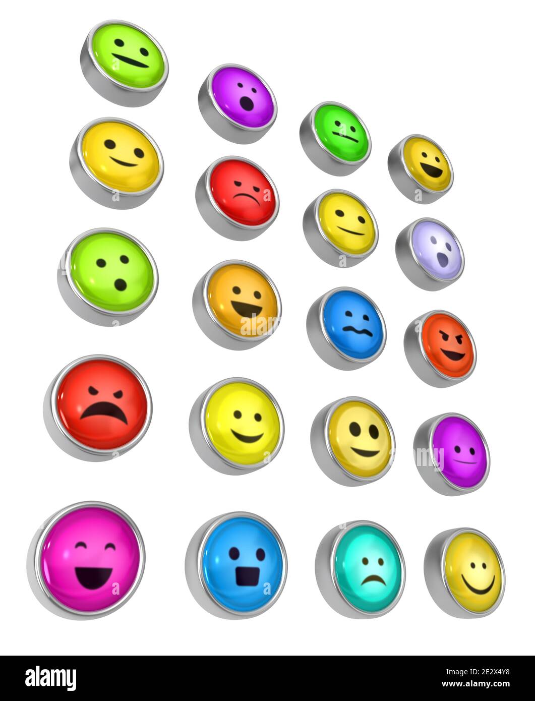 Emotion buttons metal 3d illustration, isolated, over white, horizontal ...