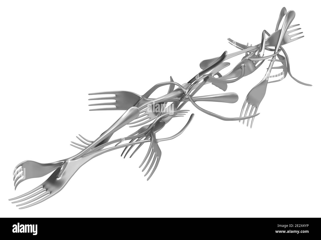 Forks merged metal, 3d illustration, horizontal, isolated, over white ...