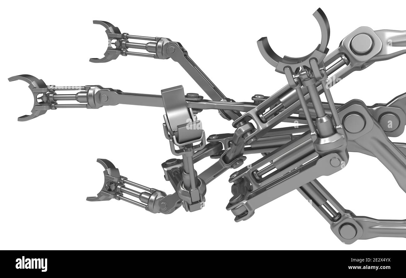 Robotic arms cupped, grey metal 3d illustration, horizontal, over white ...