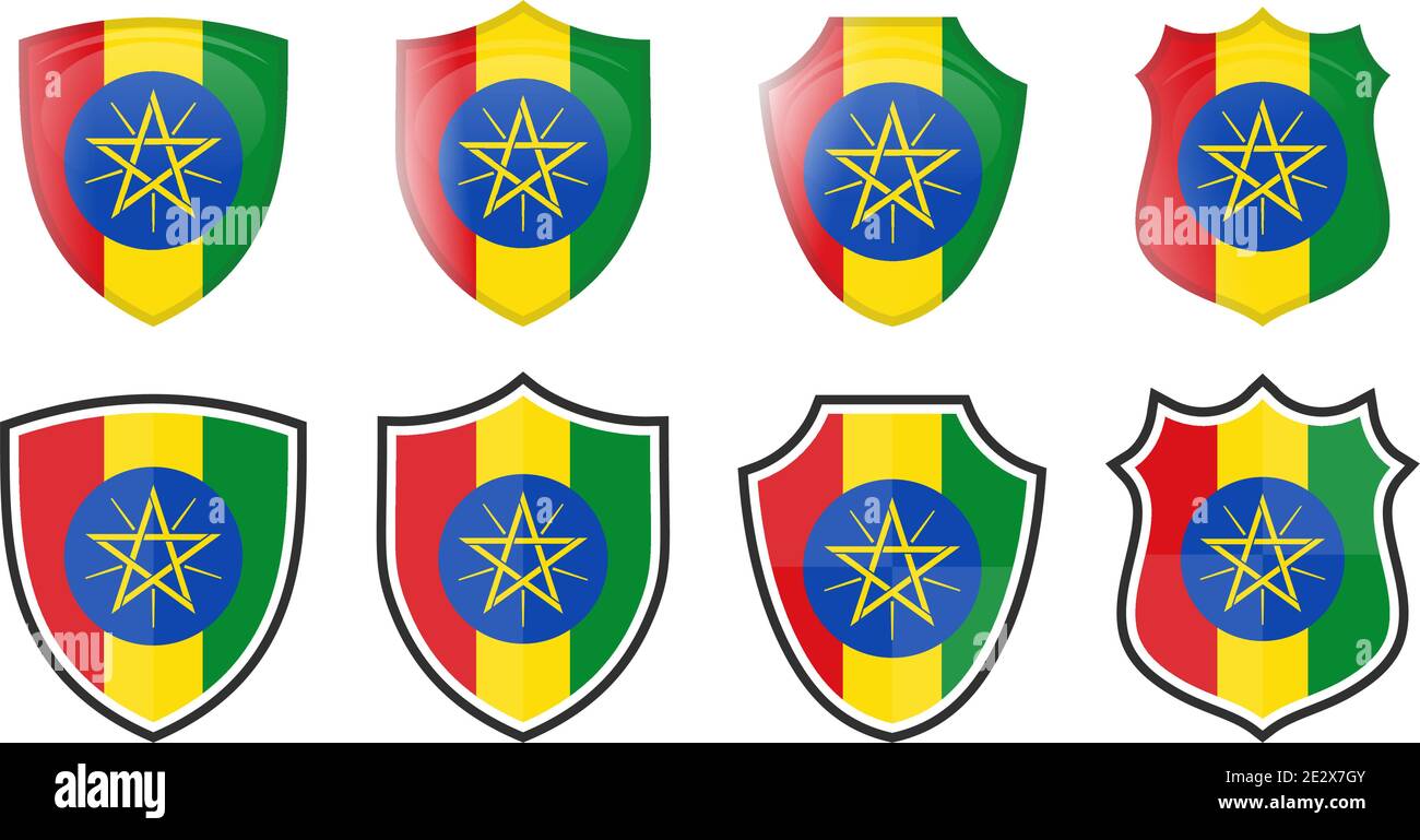 Vertical Ethiopia flag in shield shape, four 3d and simple versions ...