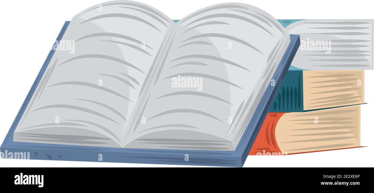 open book on textbooks stack, learn academic and education vector ...