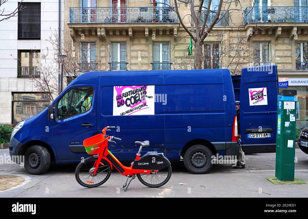 PARIS, FRANCE -5 JAN 2021- View of a Les Restaurants du Coeur charity ...