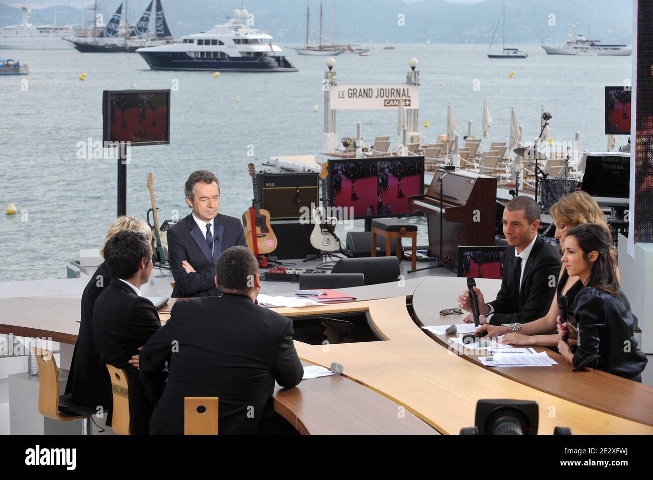 Broadcasting of 'Le Grand Journal' TV show on Canal Plus channel on the ...