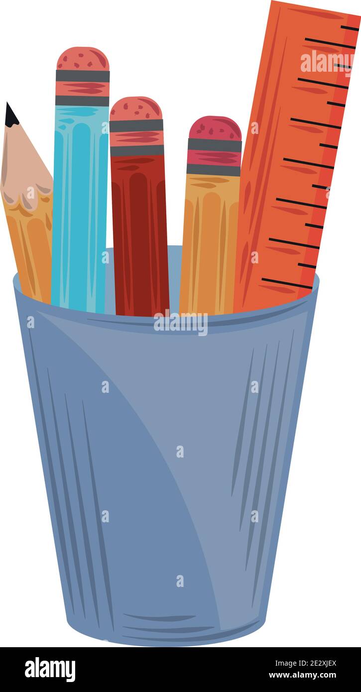 school pencils pen ruler in cup cartoon design vector illustration ...