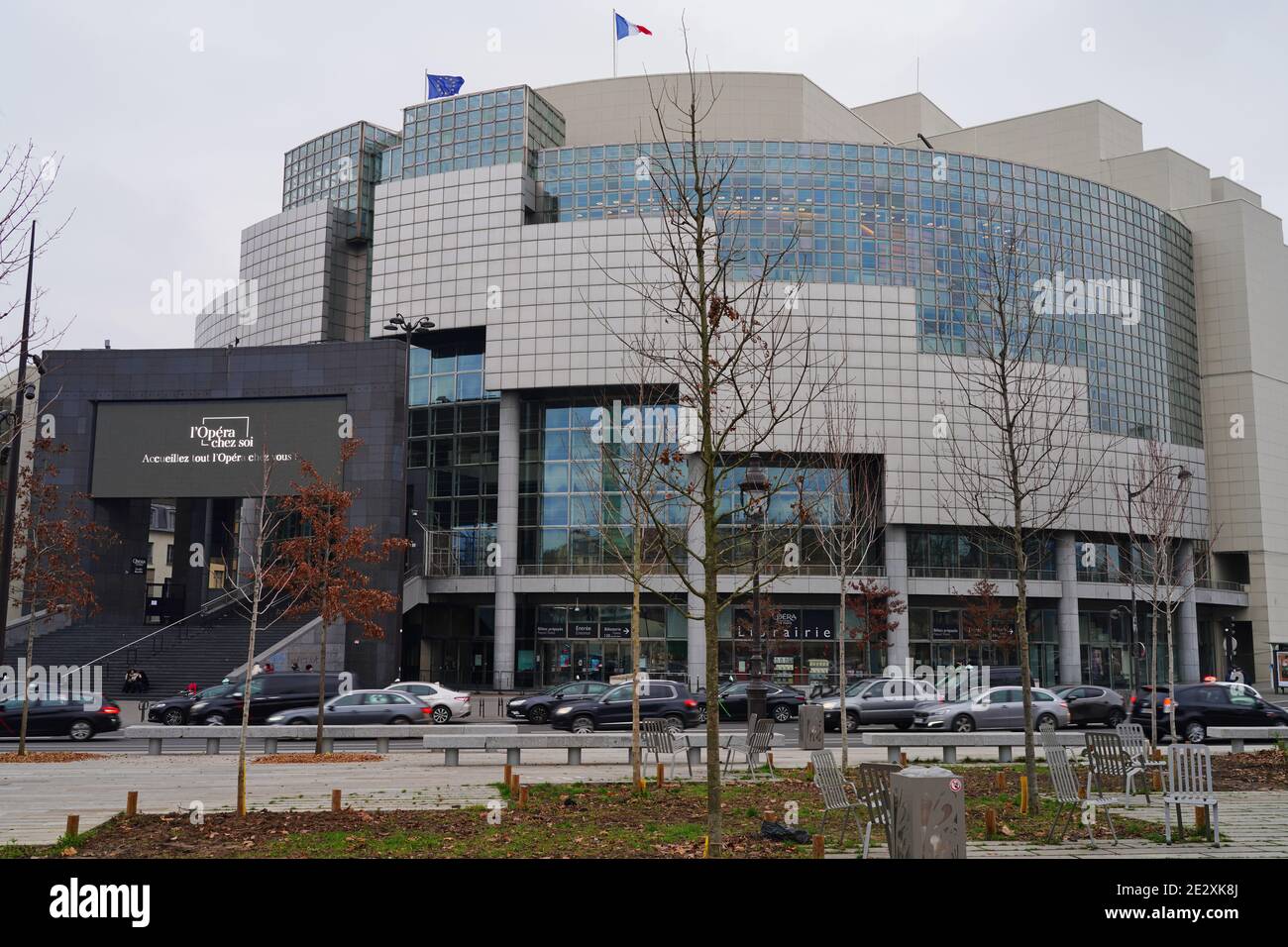 PARIS, FRANCE -5 JAN 2021- Designed by Carlos Ott, the modern Bastille ...