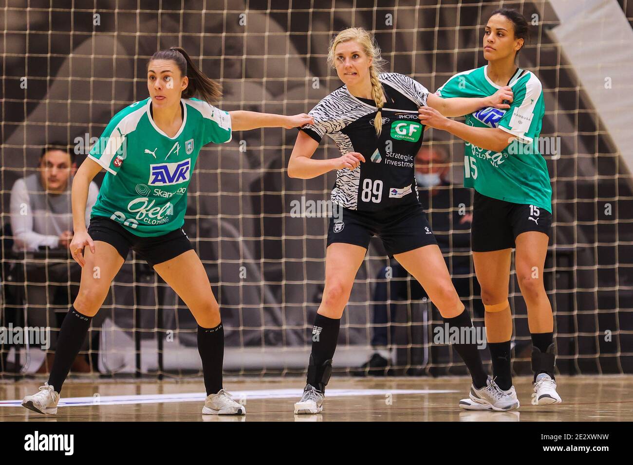 Copenhagen, Denmark. 15th Jan, 2021. Christina Haurum (89) of Copenhagen Handball and Sofia Deen ...