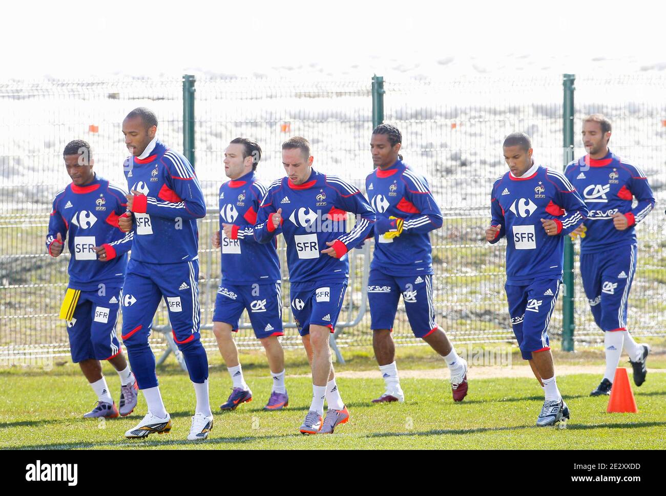 France national football team's players run during a training session ...