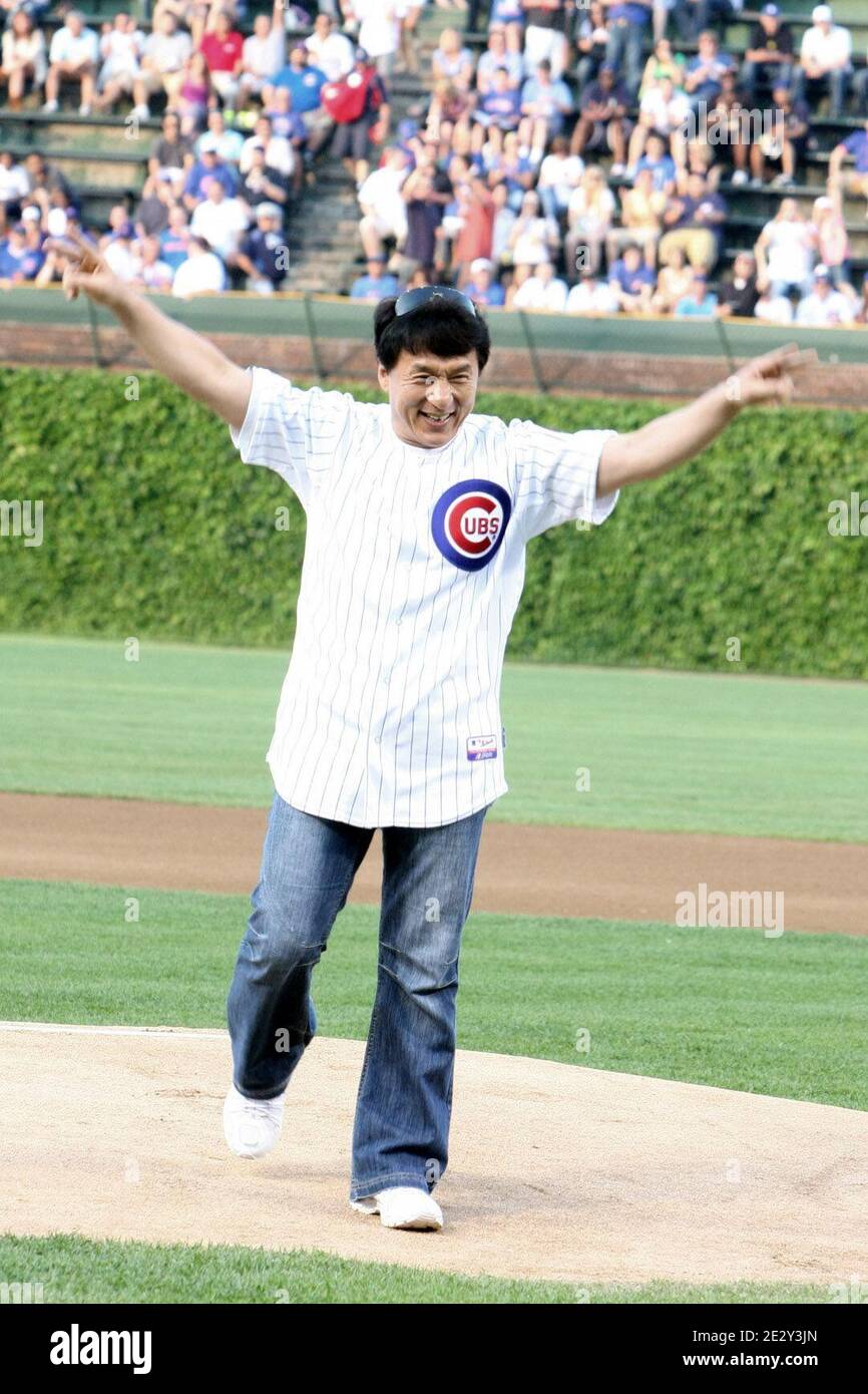 Jacky Chan throws out the first pitch at the Chicago Cubs vs. Los ...