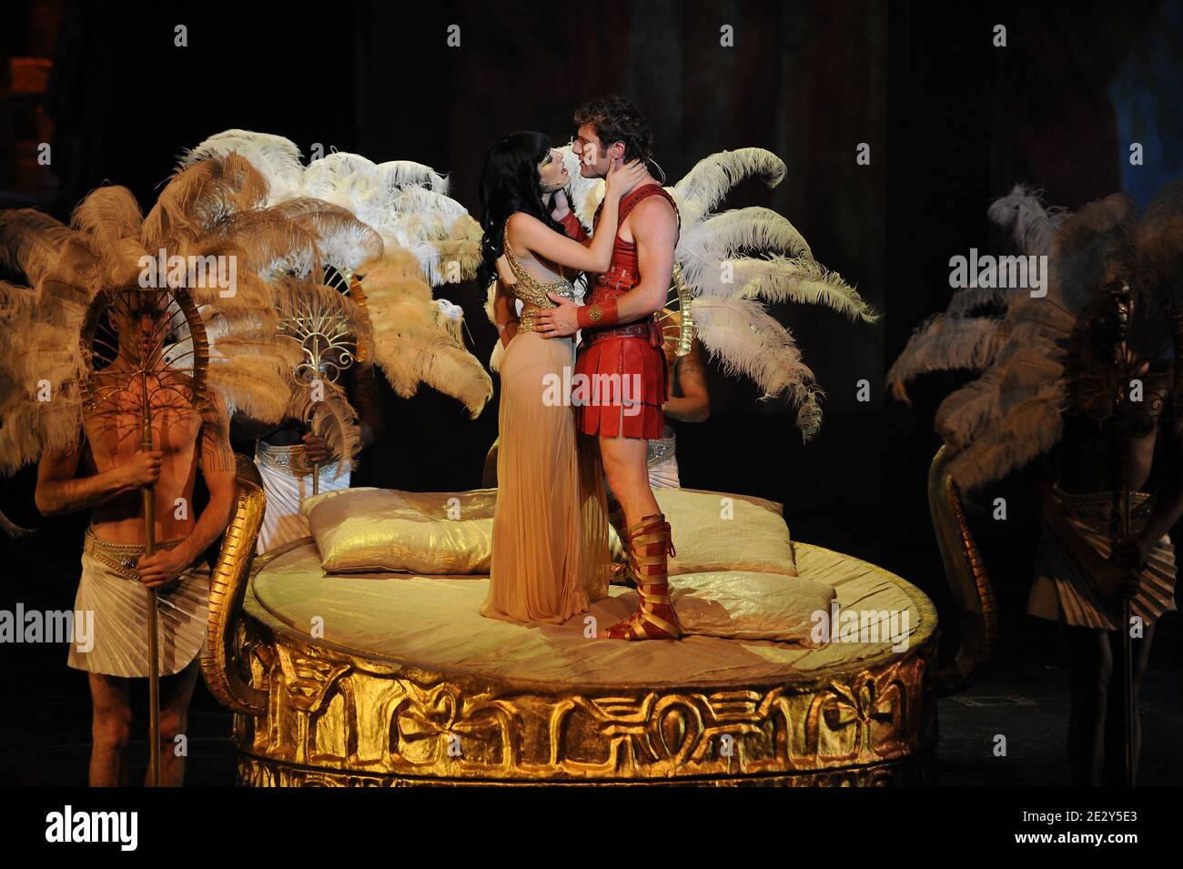 Sofia Essaidi (Cleopatre) and Christopher Stills (Cesar) perform during Kamel Ouali's musical ...