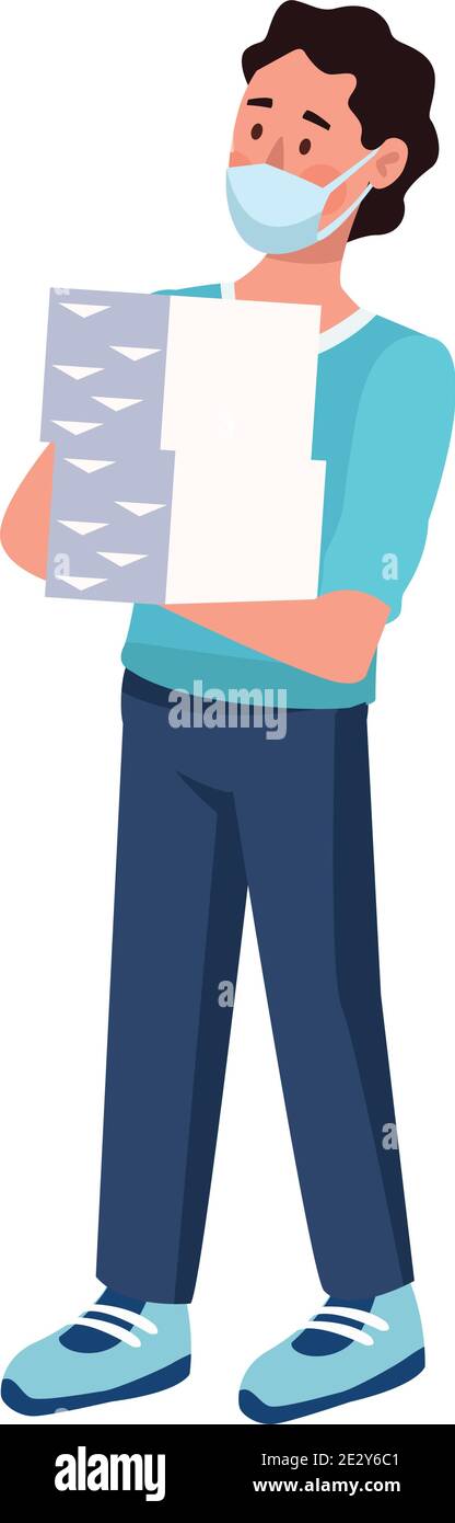 man wearing medical mask lifting documents character vector ...