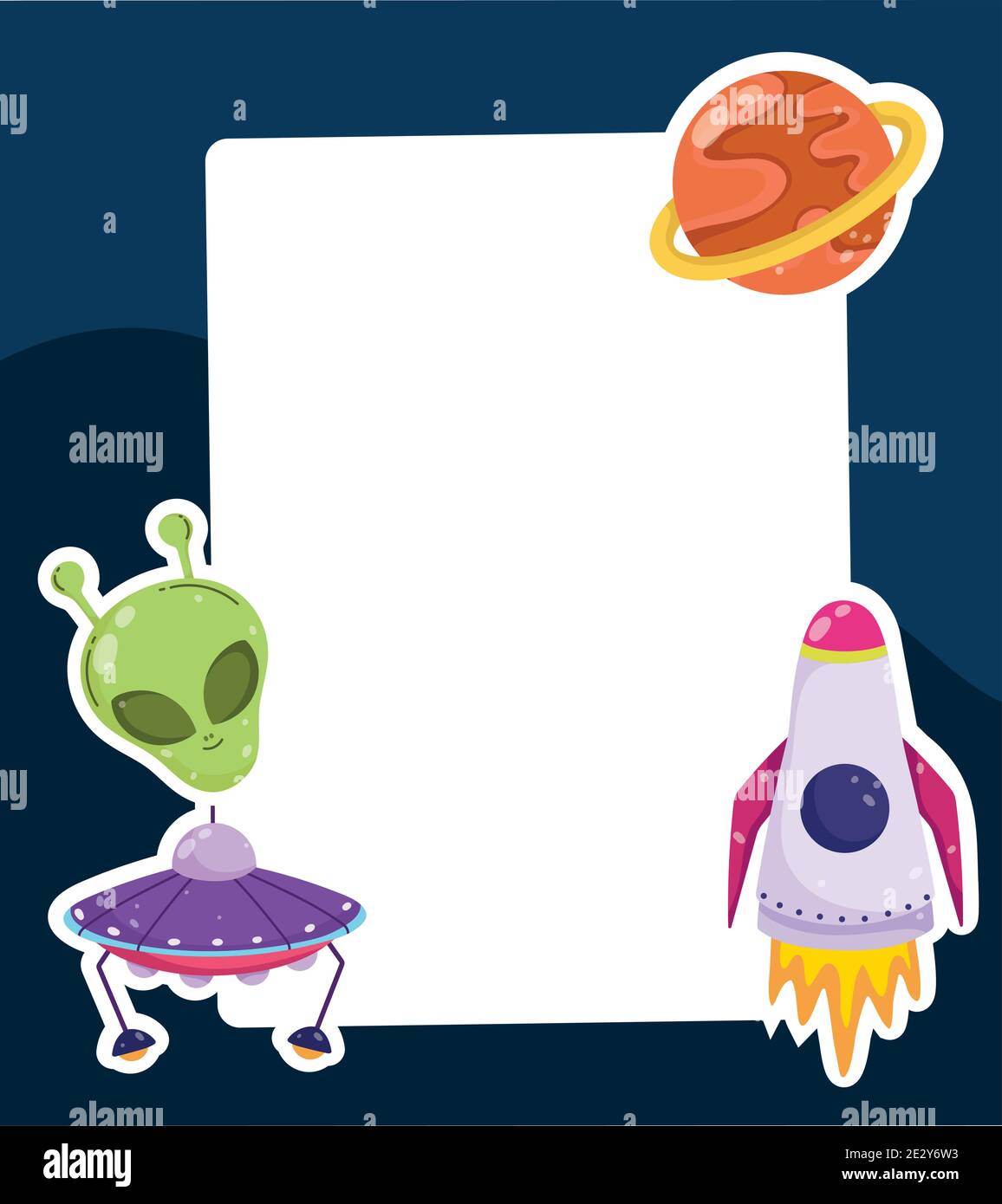 space alien ufo spaceship and planet cartoon card template vector ...
