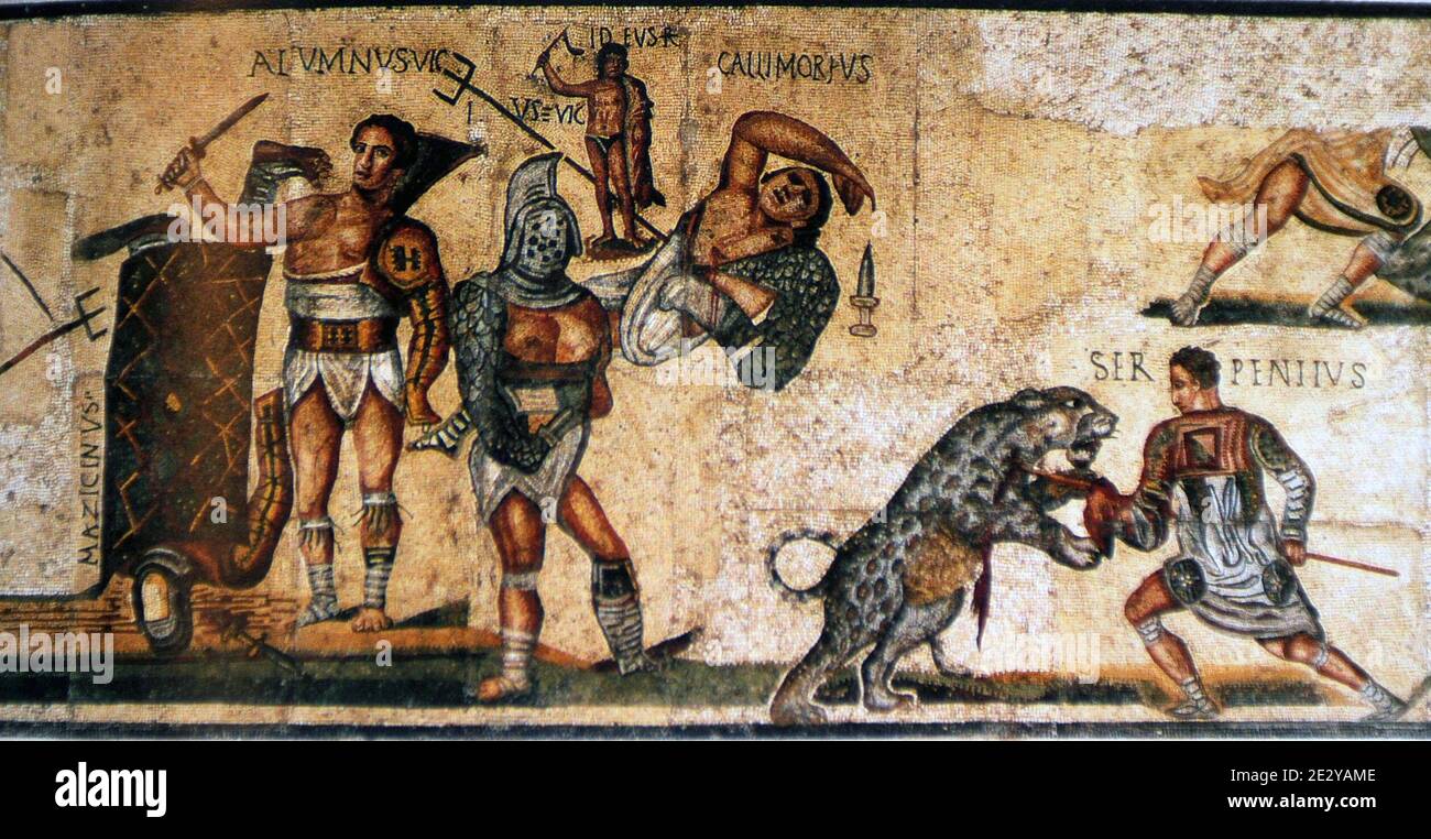 Exclusive. Mosaic representing gladiators fighting, Rome, Italy on June ...