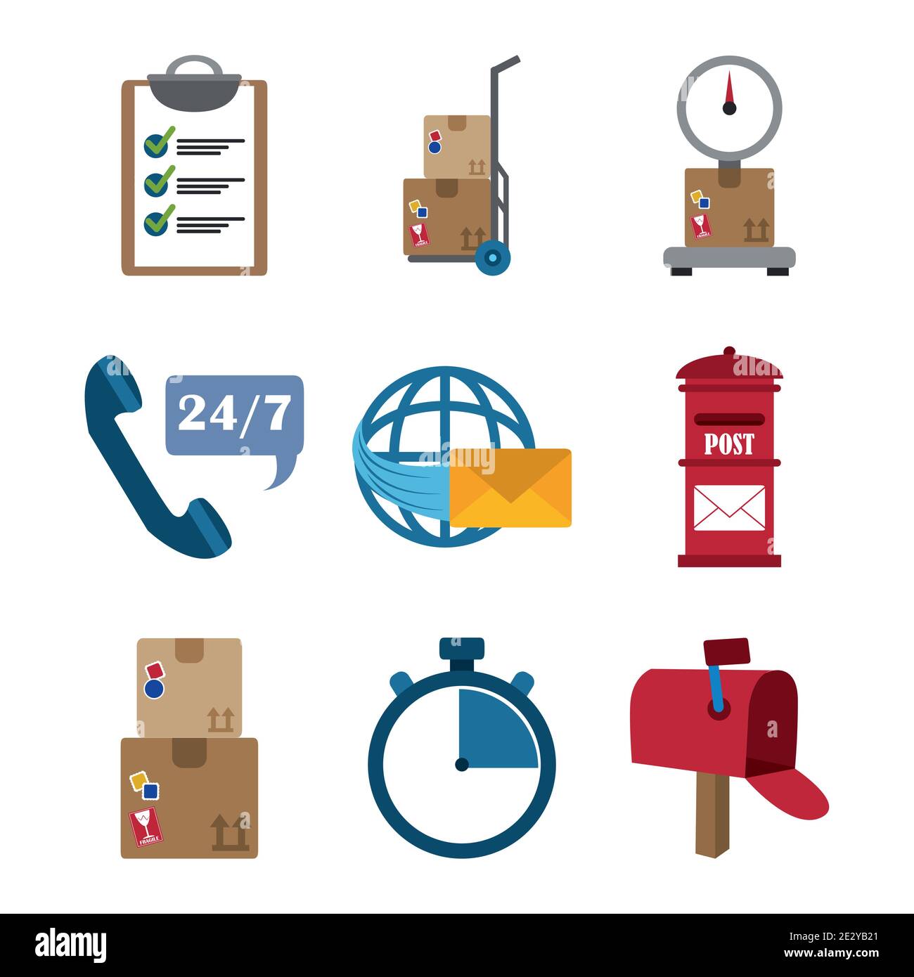 postal service, courier delivery icons set clipboard boxes mailbox and ...
