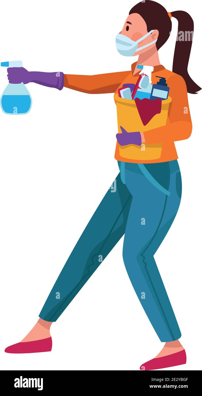 woman wearing medical mask cleaning with spray bottles character vector ...