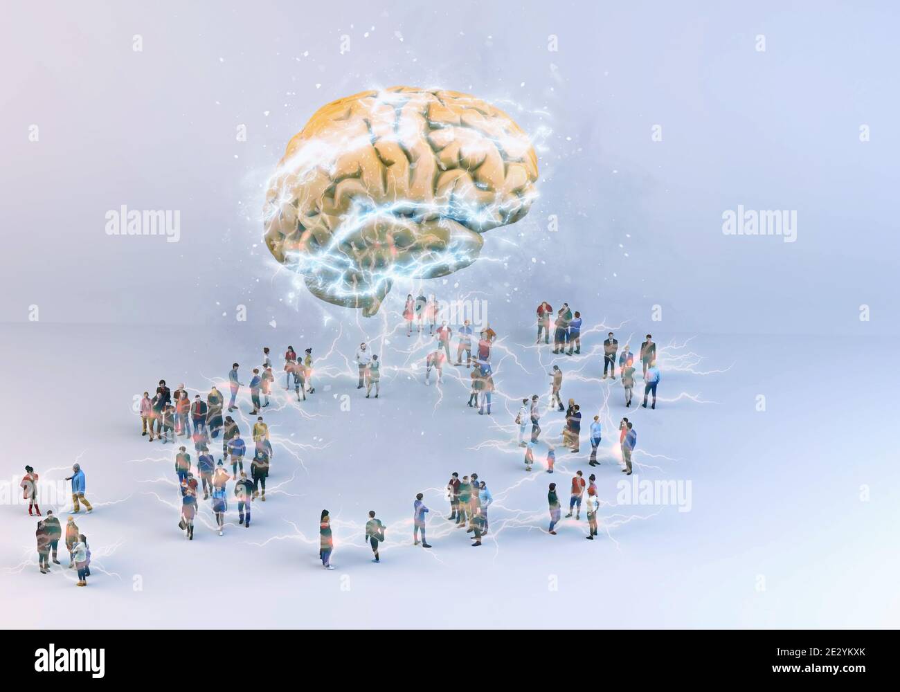 3D rendering of a glowing brain figure above people - concept of ... 3D rendering of a glowing brain figure above people - concept of ...