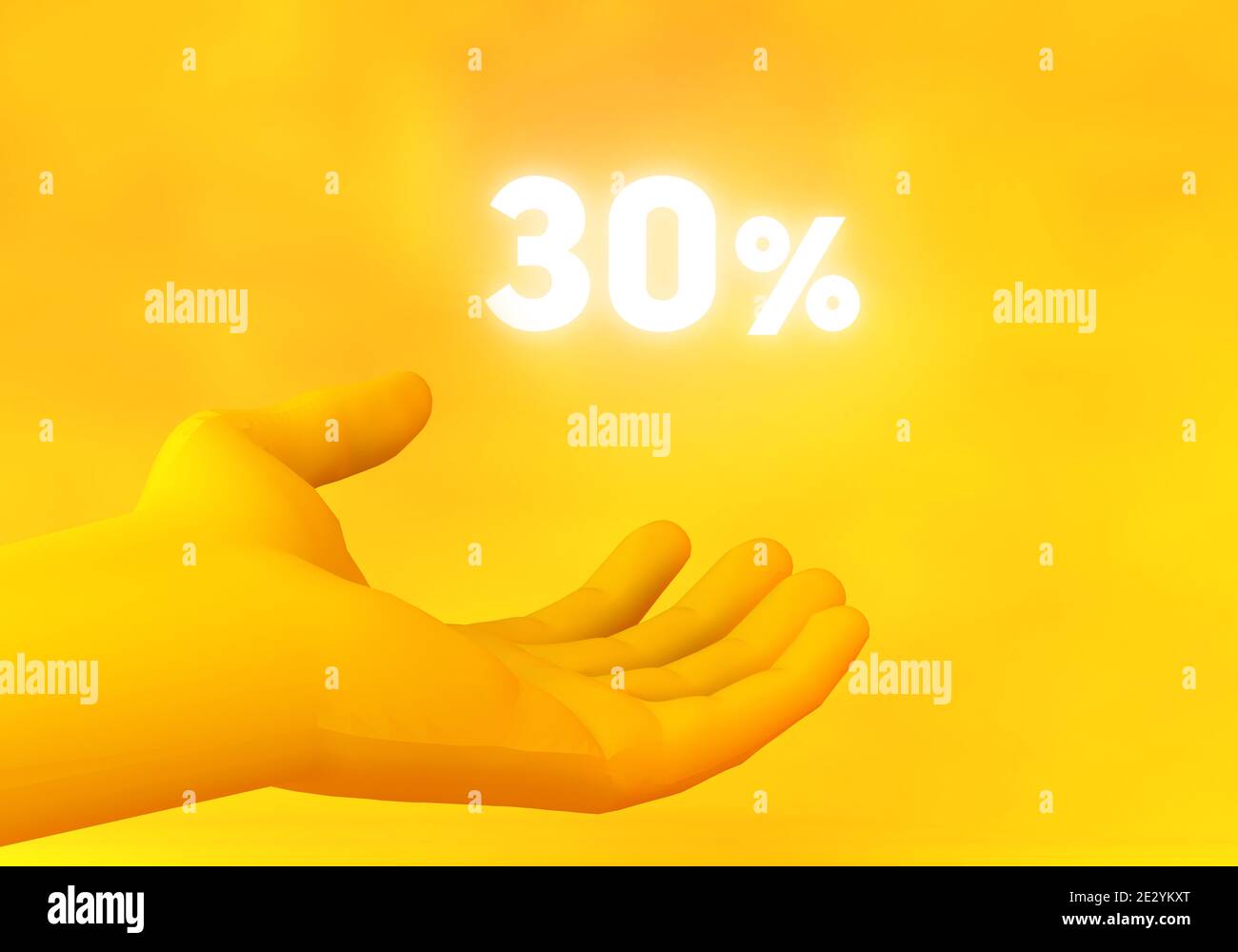 3D rendering of a hand showing a glowing 30% sign isolated on a yellow ...