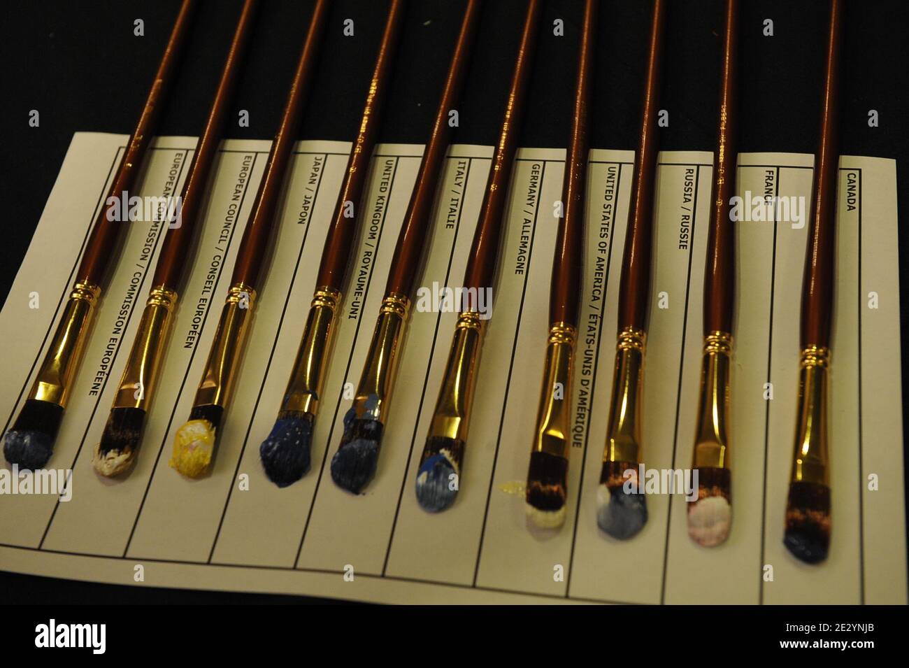 Brushes used by heads of states to make a painting during the 2010 ...
