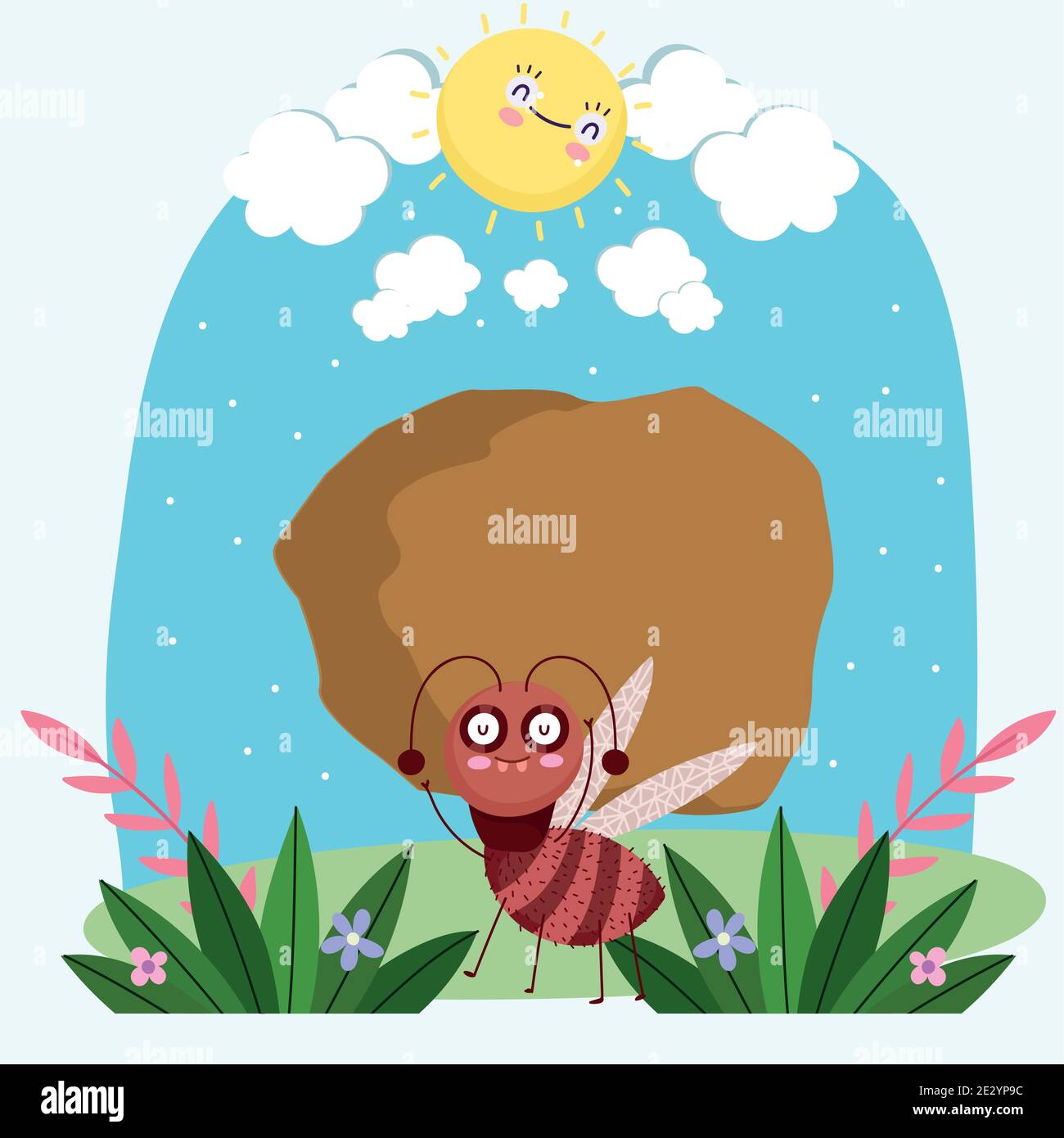 funny bug with stone in grass animal cartoon vector illustration Stock ...